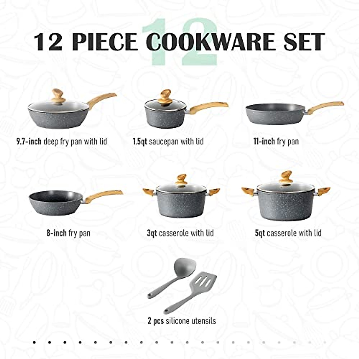 MAISON ARTS Kitchen Cookware Sets Nonstick, 12 Piece Pots and Pans Set Granite Cooking Set for Induction & Dishwasher Safe, Oven, Stovetop, Gery