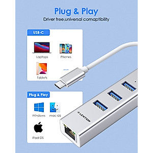 LENTION USB C Hub Ethernet Adapter, 3 USB 3.0 Ports, RJ45 Network Connector for 2023-2016 MacBook Pro, New Mac Air/iPad Pro, Chromebook, More, Stable Driver Certified (CB-C23s, Silver)