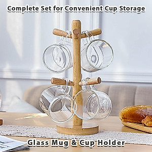 Aquach Coffee Glass Mugs Set of 4, 12 oz, Including Wooden Cup Holder Tree, 6 Hooks