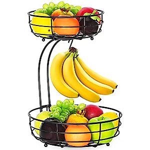 Bextsrack 2-Tier Countertop Fruit Basket Bowl with Banana Hanger, Metal Wire Vegetable Produce Storage Baskets for Kitchen, Fruits Stand Holder Organizer for Bread Snack Veggies, Black