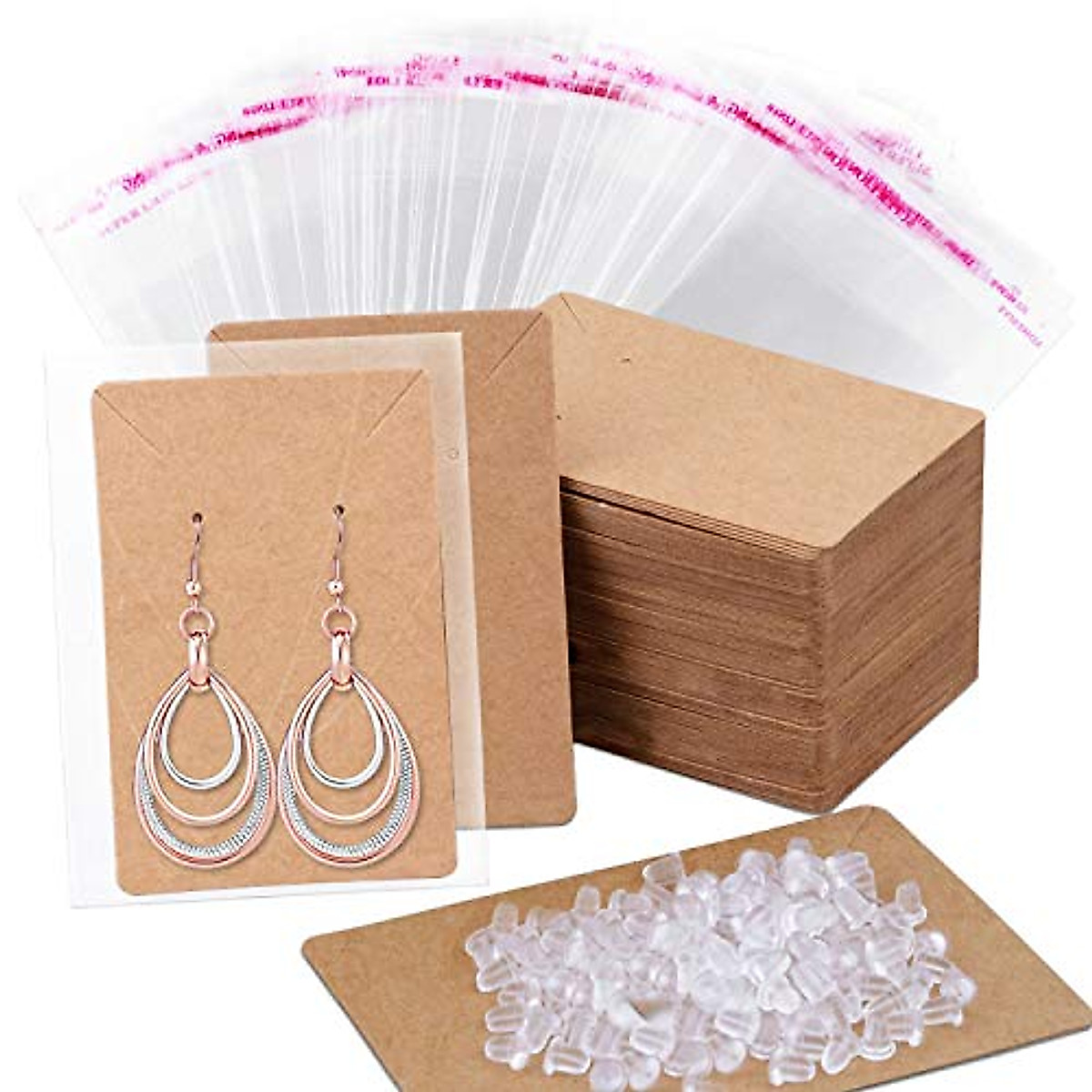Earring Cards, Anezus 100 Pcs Earring Display Cards Earring Holder Cards with 200 Earring Backs and 100 Self- Sealing Bags for Earrings Necklace Jewelry Display, Kraft Color 3.5x2.4 Inches