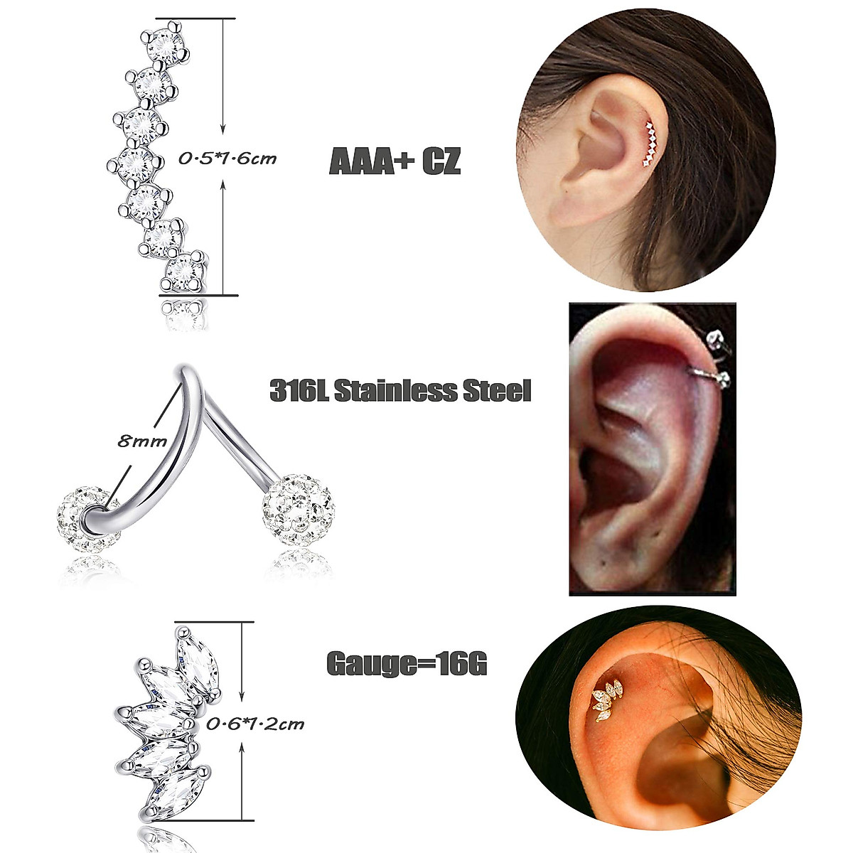 JOERICA 3 Pairs Stainless Steel Silver Ear Cartilage Earrings for Women Tragus Helix Earring Cute Conch Flat Back Piercing Jewelry 16G