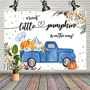 Little Pumpkin Baby Shower Decorations for Boy Fall Backdrop A Sweet Little Pumpkin is On The Way Its a Boy Blue Truck Leaves Autumn Thanksgiving Day Background Photography Party Banner Supplies 7x5ft