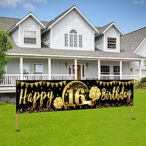 Happy 16th Birthday Banner Decorations for Boys Girls, 16th Birthday Party Supplies, Black Gold 16 Birthday Decor Sign for Outdoor Indoor