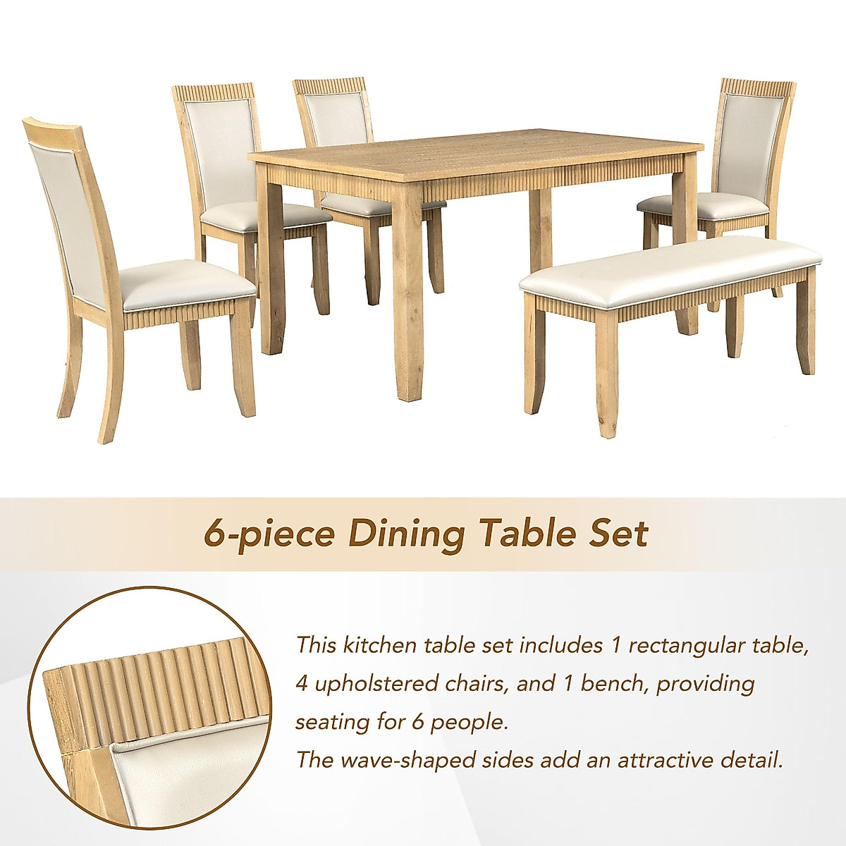 KLMM Rustic Solid Wood 6-Piece Dining Table Set with PU Leather Upholstered Chairs and Bench,for DiningRoom LivingRoom Kitchen Use (Natural Wood Wash@PU Leather)