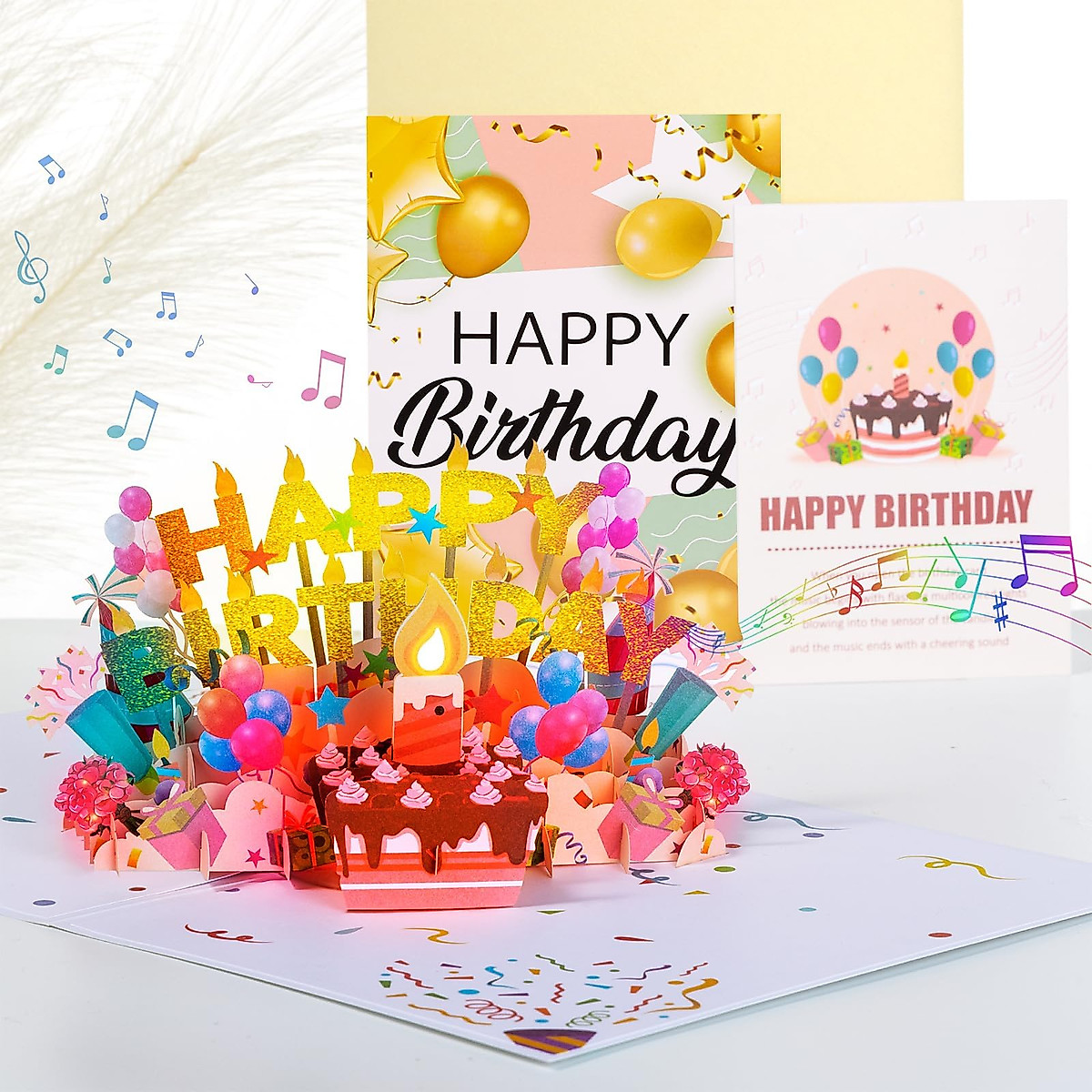 CUISH Birthday Cards with Lights & Music & Candle, 3D Pop Up Musical Happy Birthday Greeting Cards Decoration Gifts for Women Man Girl Boy Daughter Son