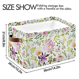 Fresh Purple Floral Storage Baskets Large Foldable Storage Bin Canvas Toys Box Fabric Decorative Collapsible Organizer Bag with Handles 2 Pcs