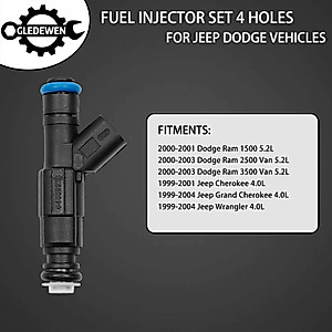 Fuel Injector 4 Holes 6Pcs | for 1999-2004 Jeep Cherokee Grand Cherokee Wrangler 4.0L Dodge Ram 1500 2500 3500 5.2L | Replace# 0280155784, 4854181, 280155784, 4667938