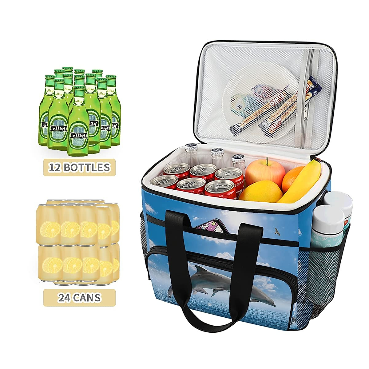Cooler Bag Large Camping Cooler Tote Animal Dolphin Sea Ocean Lunch Cooler Bag Insulated Waterproof Lunch Box for Picnic Beach Travel, Reusable Leakproof