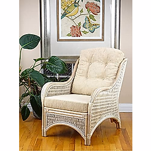 Jam Lounge Living Accent Armchair Natural Rattan Wicker Handmade Design with Cream Cushion, White Wash