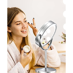 1X/10x Magnified Lighted Makeup Mirror Double Sided Round Magnifying Mirror Standing 360 Degree Swivel Vanity Mirror Battery Operated 7 Inch Diameter Shaving Bathroom Mirror