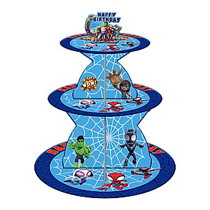 Spidey Party Supplies-Spidey Heroes 3 Tier Cupcake Stand Birthday Dessert Display Stand for Kid's Birthday Party Decoration