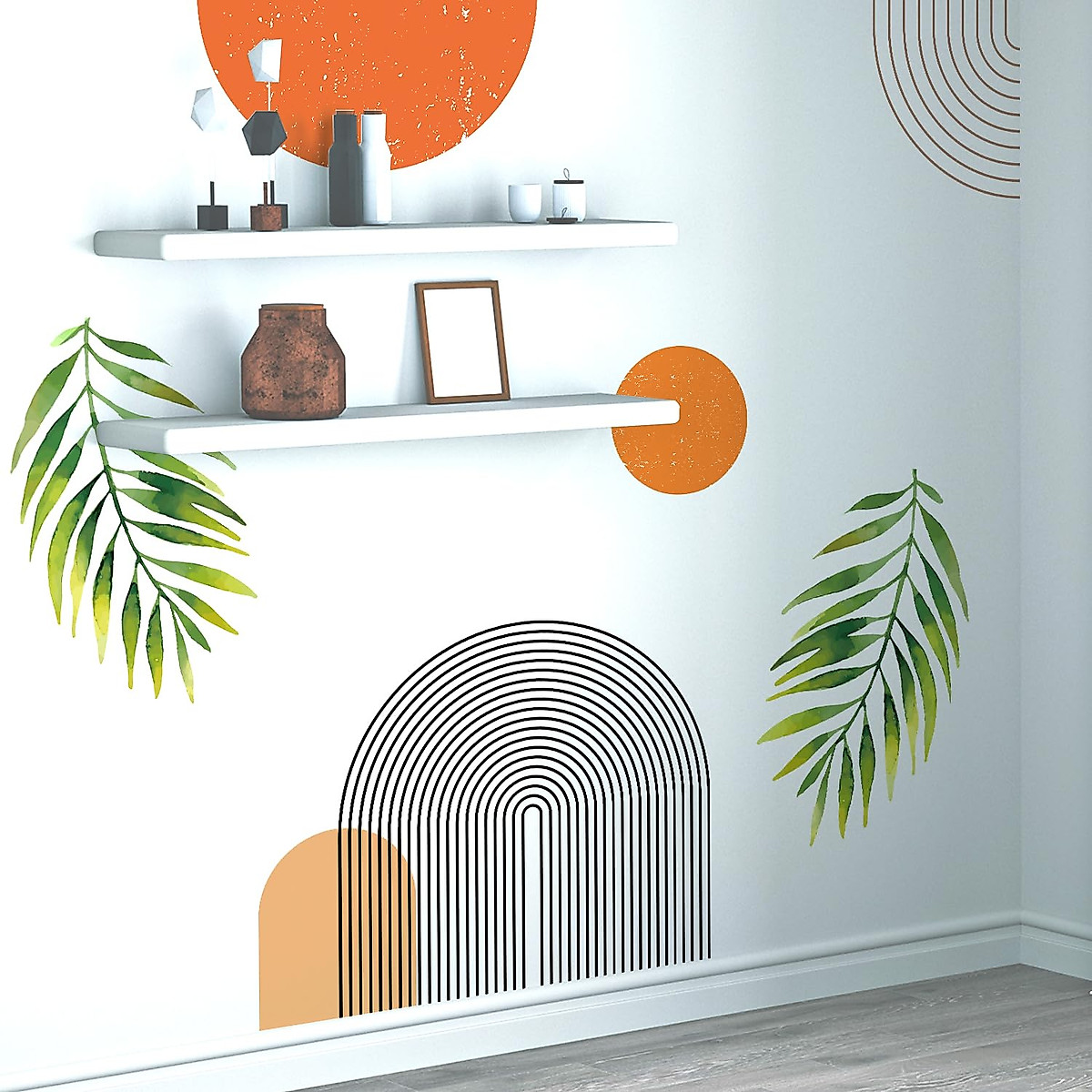 VePret Boho Mid-Century Modern Wall Decals Peel and Stick, Large Archs Sun Vinyl Wall Stickers, Removable Leaves Plants Home Decor Art for Bedroom Living Room Classroom Office