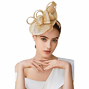 BABEYOND Women's Pillbox Fascinator Hat Kentucky Derby Hat Feather Fascinator Headband Tea Party Fascinator Hat for Cocktail Gold