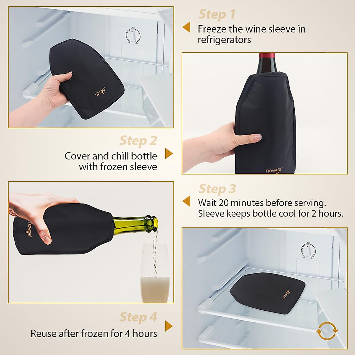 NEWGO Wine Cooler Sleeve Reusable Wine Bottle Cooler Flexible Wine Ice Pack Sleeve Keep Wine Cool and Refreshing for Standard Size Bottles for Red Wine, White Wine & Champagne - Black