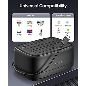 ORICO Hard Drive Docking Station Dual Bay USB 3.0 to SATA with Duplicator/Offline Clone Function External Hard Drive Dock for 2.5''/3.5'' HDD SSD Max Up to 40TB Support UASP Plug&Play-DD-C