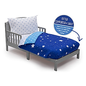 Delta Children 4 Piece Toddler Bedding Set for Boys - Reversible 2-in-1 Comforter - Includes Fitted Comforter to Keep Little Ones Snug, Bottom Sheet, Top Sheet, Pillow Case - Blue Stars