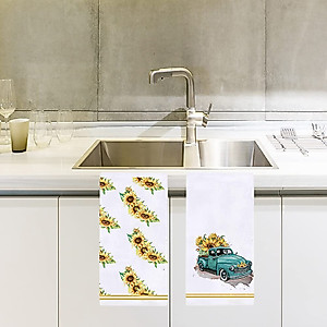 Set of 2 Watercolor Sunflower Kitchen Dish Towel 18 x 28 Inch, Seasonal Spring Summer Sunflower Truck Tea Towels Dish Cloth for Cooking Baking
