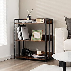 GOFLAME 3-Tier Bookshelf, Tall Bookcase Shelf with Metal Frame, Industrial Floor Storage Shelf Organizer, DIY Shelving Unit Display Rack for Study, Living Room, Kitchen, Rustic Brown