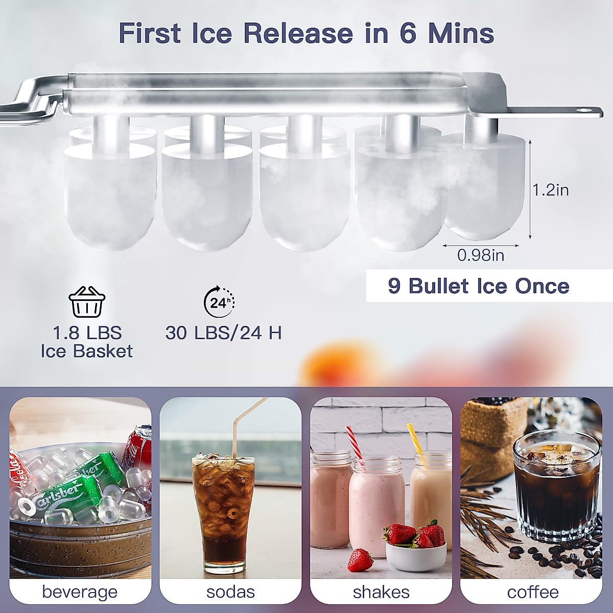 rosmena Countertop Ice Maker, 30lbs/24H Small Ice Machine with Self-Cleaning, Portabe Bullet Ice Maker, 9 Cubes in 6 Mins, 2 Size Option, with Ice Basket/Scoop for Home/Kitchen/Bar/RV (Black)