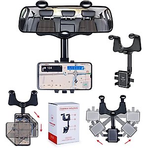 360°Rotatable and Retractable Car Phone Holder, Multifunctional Adjustable Mount, Universal Rearview Mirror Phone Holder for All Mobile Phones