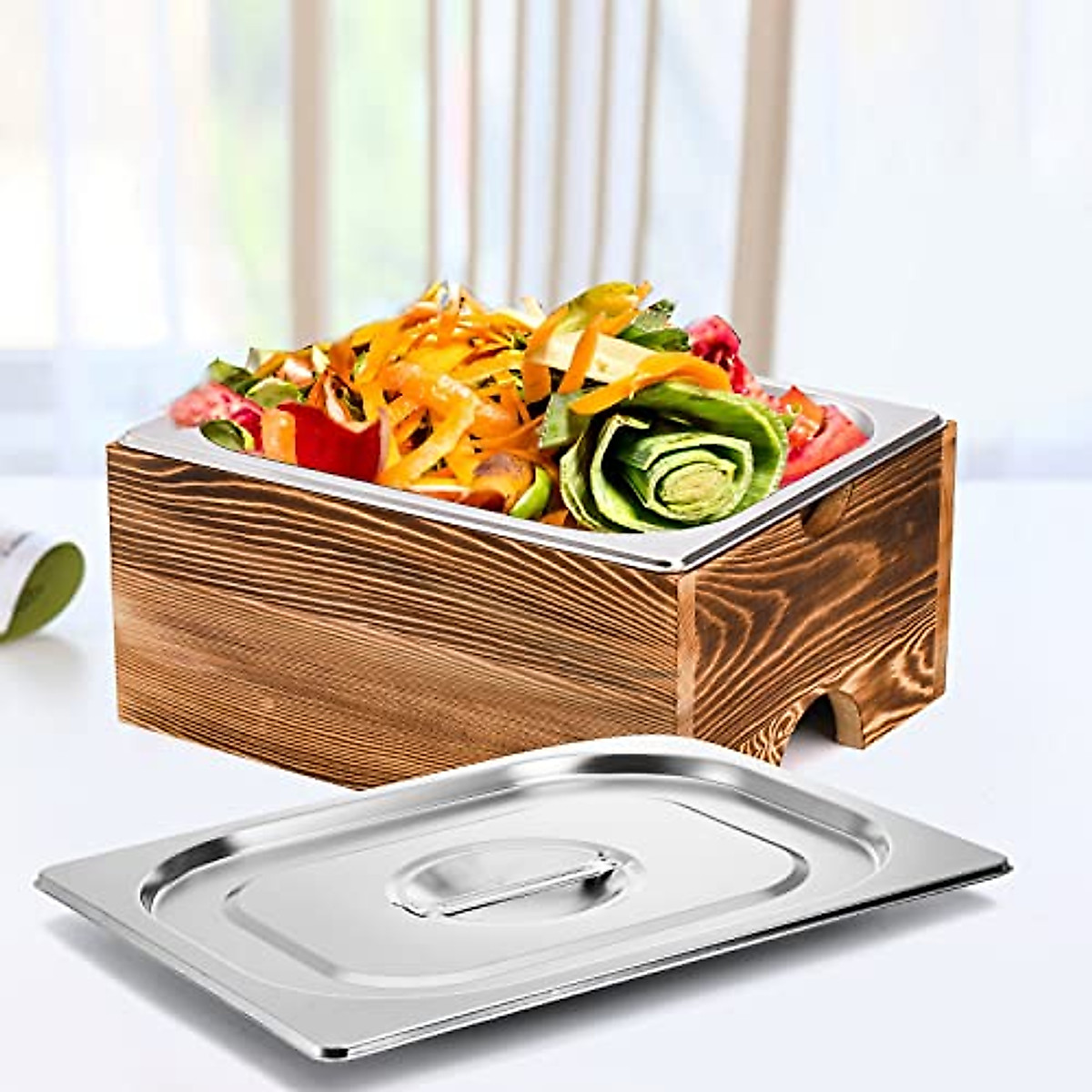 Frcctre Kitchen Compost Bin, 2.1 Gallon Countertop Compost Bin with Lid and Pinewood Box, Smell Proof and Rust Proof Stainless Steel Insert, Indoor Large Compost Bin Kitchen Counter