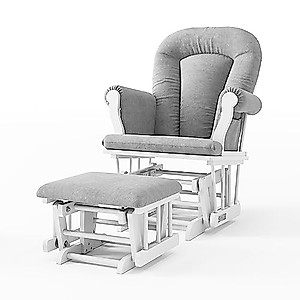 Child Craft Cozy Glider Rocker and Ottoman Set, Padded Cushion with Storage Pockets, Solid Wood Base, Matte White with Light Gray Cushion