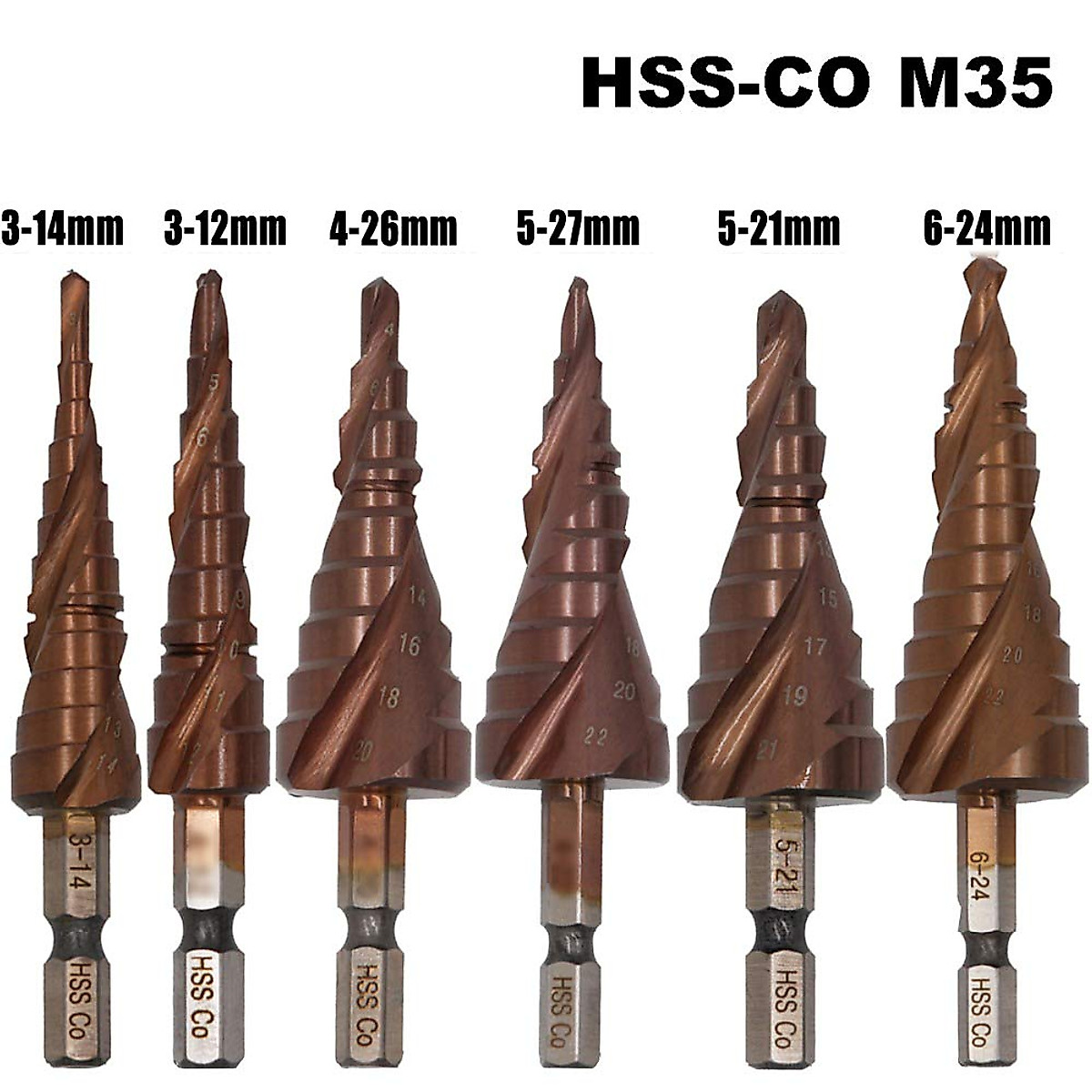 HSS-CO M35 Step Drill Bits Cut Tool， Step Drill for DIY Woodworking, Plastic Wood 6-24mm
