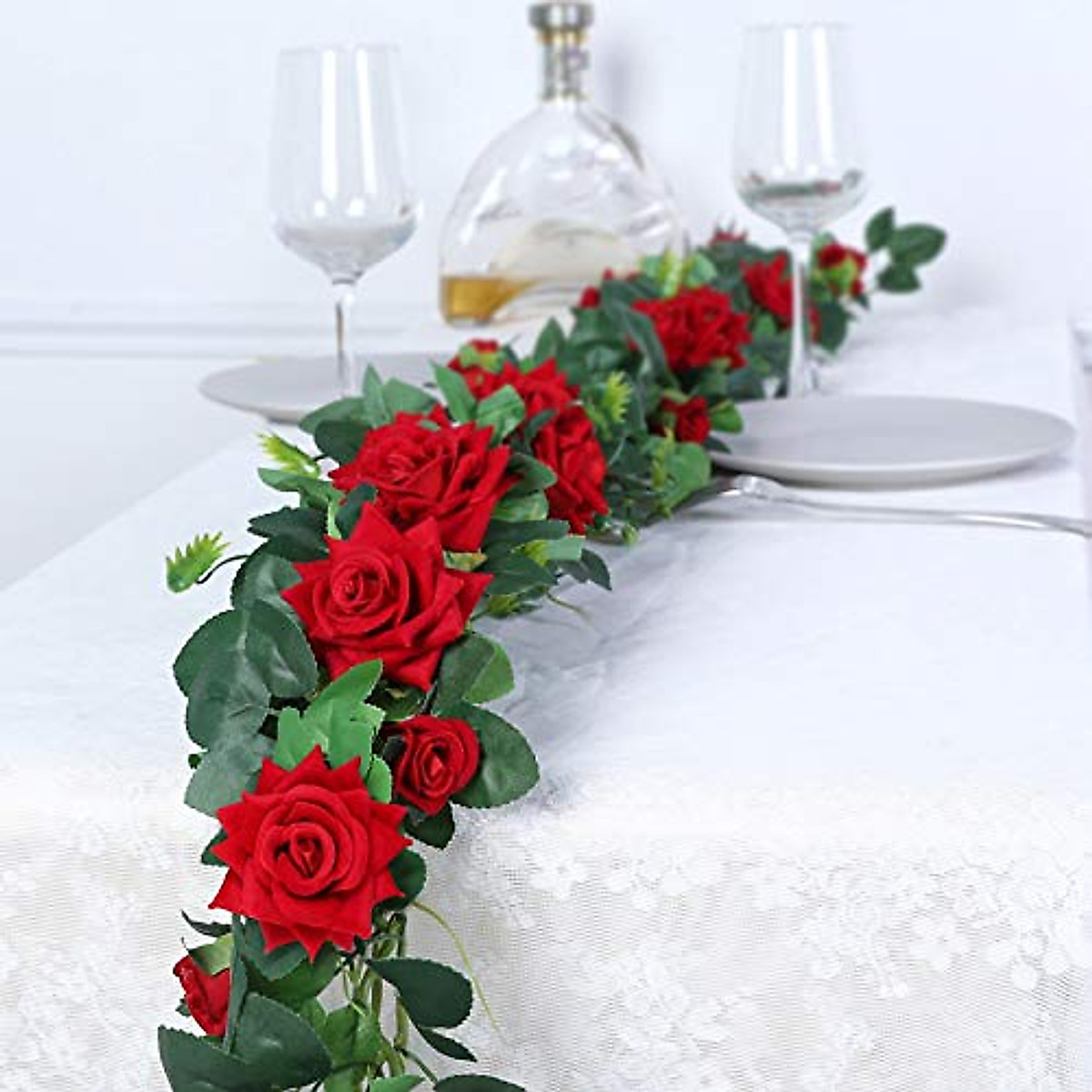 Hobyhoon Artificial Rose Vines Flowers Garland 5.6ft Silk Velvet Rose Vines Fake Hanging Rose Ivy Plant for Wedding Party Home Wall Garden Decorations (Red-3pcs)