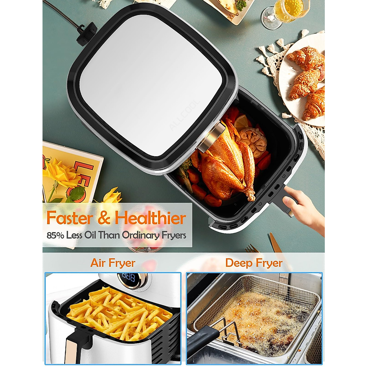 Air Fryer, ALLCOOL Airfryer Oven 8QT Large Air Fryer 1700W 8-in-1 with Touch Screen Air Fryers Dishwasher Safe Nonstick Tray Freidora de Aire 32 Recipes BPA & PFOA Free White Air Fryer