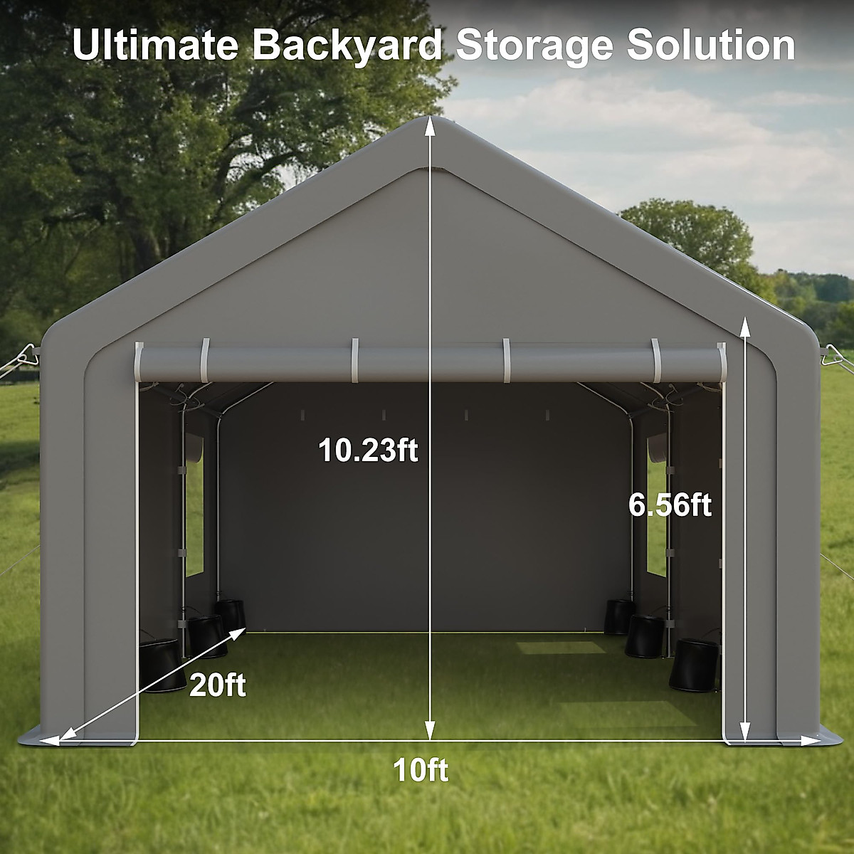 Carport 10x20ft Portable Upgraded Garage，Heavy Duty Carport with 2 Roll-up Doors & 4 Ventilated Windows, UV Resistant All-Season Waterproof Tarp, Reinforced Steel Poles, for Car, Truck, Boat