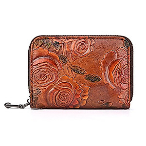 Women's Leather Zipper Wallet Card Organizer Ladies Small Purse with 12 Card Slots (Brown)