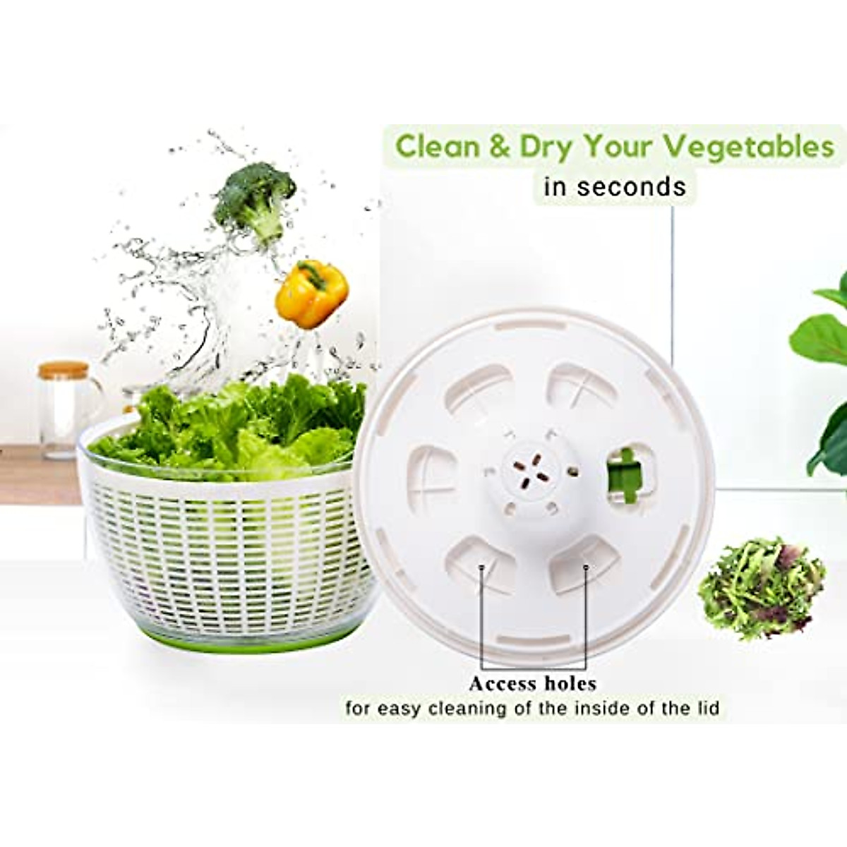 Brieftons QuickPush Salad Spinner: Large 6.3-Quart Vegetable Washer Dryer Strainer Drainer, Easy One-Handed Handle & Brake, Fast Spin Cycles, Compact Storage, to Wash, Clean & Dry Vegetables, Fruits