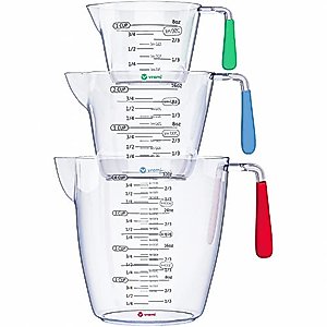 Vremi 3 Piece Plastic Measuring Cups Set - BPA Free Liquid Nesting Stackable Measuring Cups with Spout and Decorative Red Blue and Green Handles - includes 1, 2 and 4 Cup with Ml and Oz Measurement