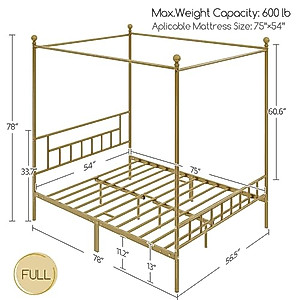 Yaheetech Canopy Bed Frames Metal Four-Poster Canopied Platform Bed with Headboard and Footboard, Sturdy Slatted Structure/Ground Clearance: 11.2" /Antique Gold/Full Bed