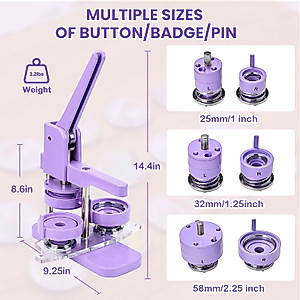 Alldeer 1+1.25+2.25 Inch Button Maker Machine Multiple Sizes - Pin Making Kit for Kids, DIY Button Maker Pin Button Machine with 300 Sets of Button Parts(Metal Cover, Plastic Pin Backs, Plastic Film)
