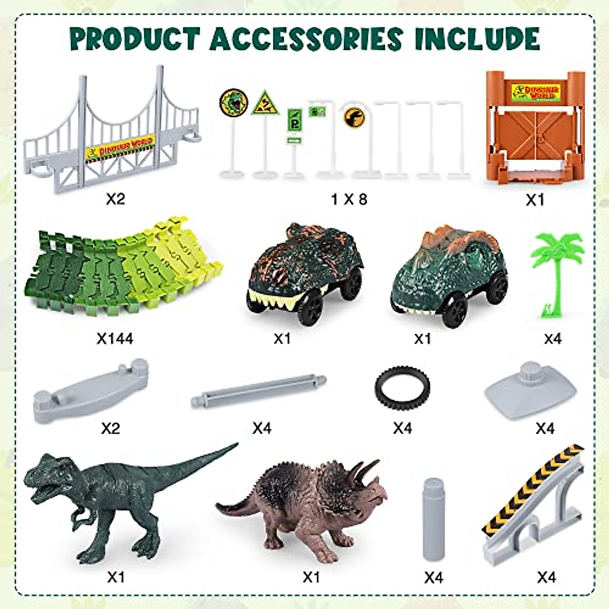 Dinosaur Tracks, 185 PCS Create A Dinosaur World Road Race for Kids Boys Toys Flexible Train Tracks Set and 2 Cool Dinosaurs Cars Dinosaur Toys for Age 3 4 5 6 7 8 Year & Up Old Boy Girls Best Gift