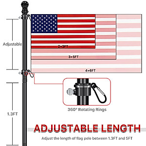 Joyday Flag Pole Kit, 5FT Flag Pole, Stainless Steel Outdoor Tangle Free Flagpole Kit for American Flag with Two 360°Rotating Rings for House Porch Garden Yard Truck Boat (Standard Kit)