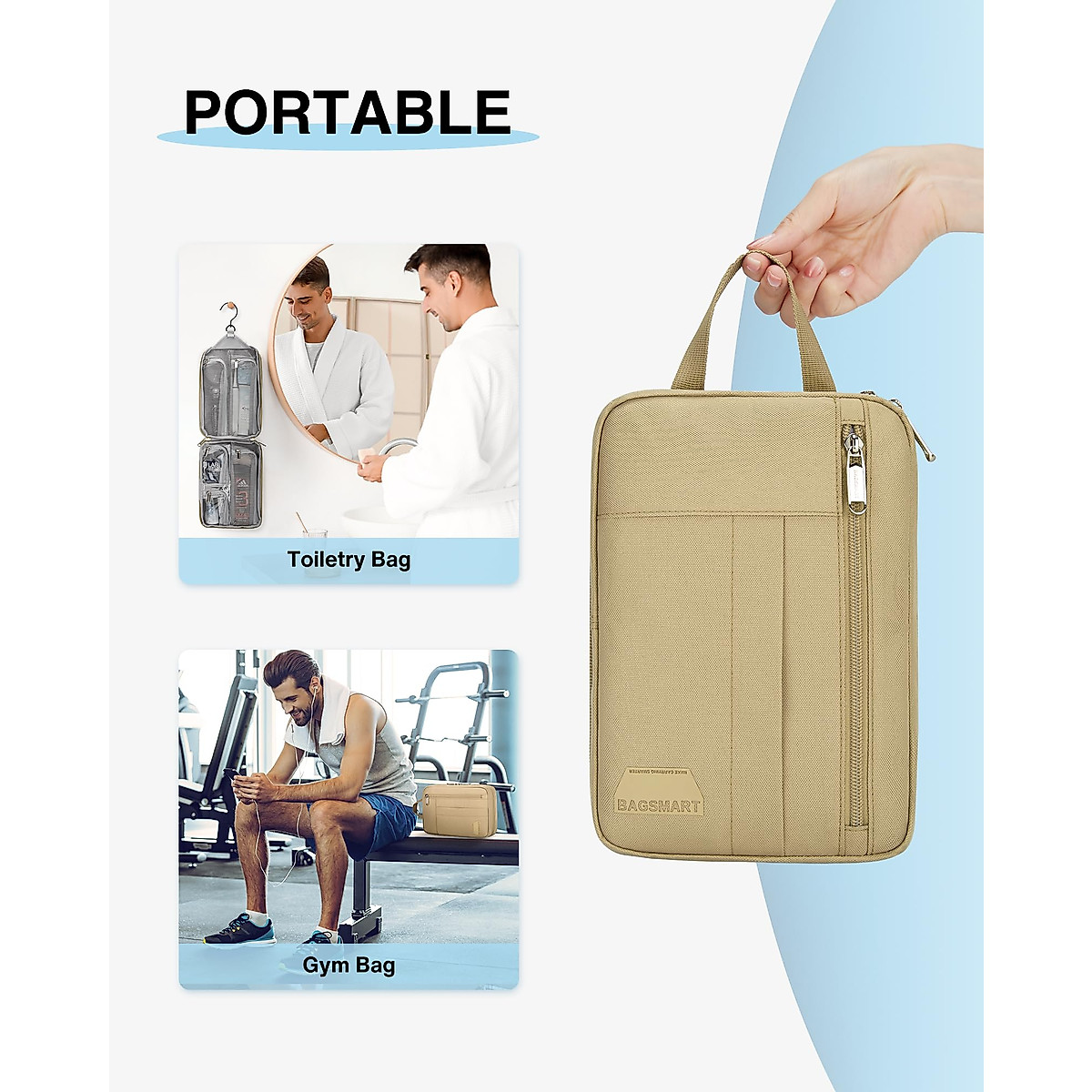 BAGSMART Travel Toiletry Bag, Toiletry Bag for Women and Men with Hanging Hook, Water-resistan Dopp Kit Door Room Essentials Makeup Cosmetic Bag, Shaving Bag Organizer for Traveling, Camping Khaki