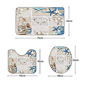 Amagical Blue Starfish Seashell Conch 16 Piece Shower Curtain Bathroom Mat Set Wishing Bottle Love Stone Design Bath Mat Contour Mat Toilet Cover and Shower Curtain with 12 Hooks