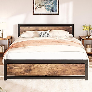 GAOMON Queen Size Bed Frame Platform with Headboard, Industrial 14 inch Queen Bedframe No Box Spring Needed, Easy to Assemble Noise Free Queen Mattress Foundation, Retro Brown