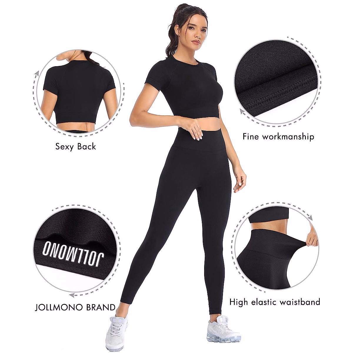 JOLLMONO 2 Piece Short Sleeve Outfits for Women Seamless Crop Tops Set for Women Workout Set(8005S-Black)