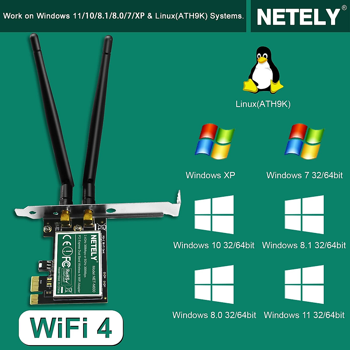 NETELY Wireless N Dual Band 600Mbps 2-Stream PCIE WiFi Adapter for Desktop PCs, PCIE WiFi Card, 2.4GHz 300Mbps and 5GHz 300Mbps, Qualcomm Atheros Wireless Network Adapter(NET-N600)