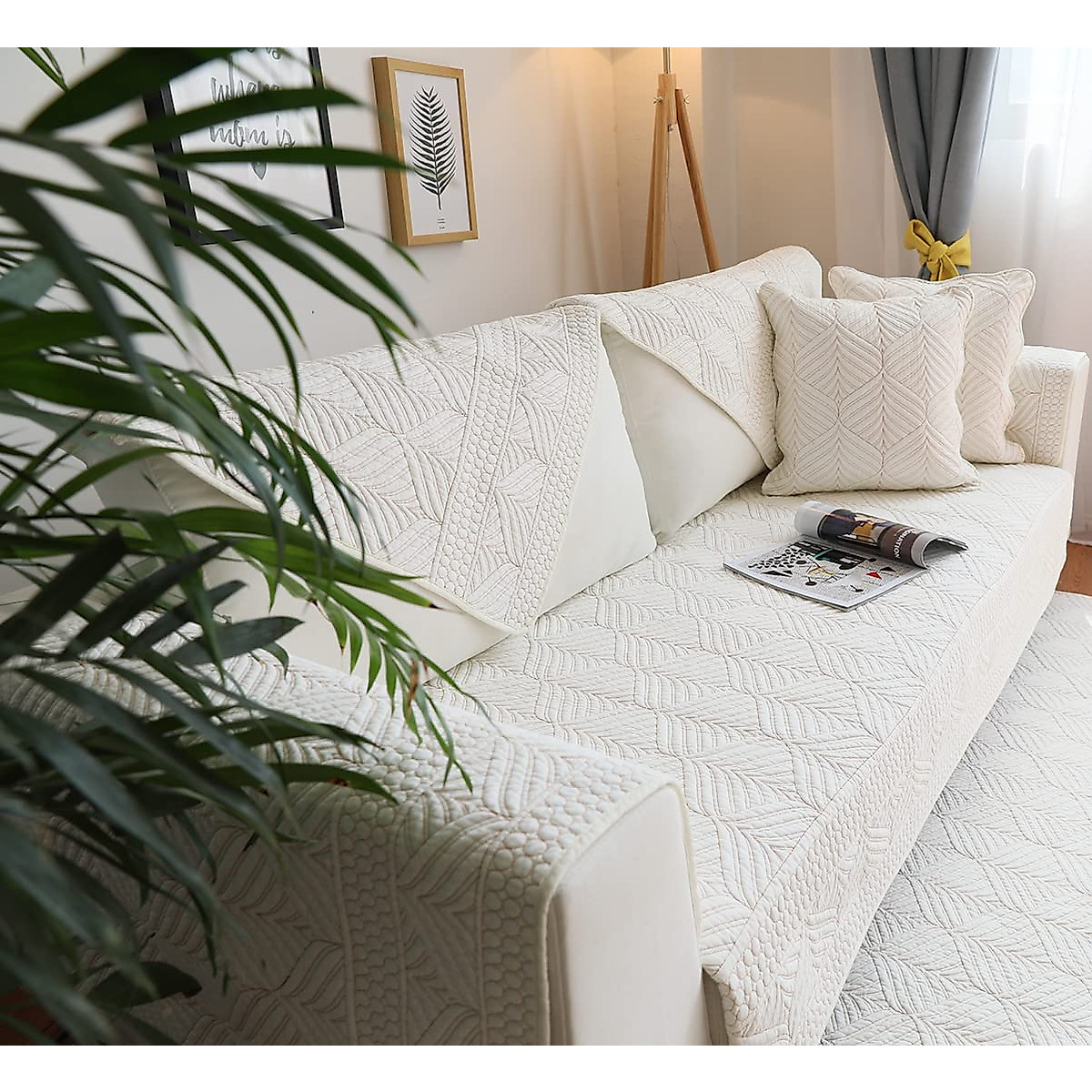 vctops Embroidered Cotton Quilted Sofa Cover Couch Covers Soft Sectional Couch Covers Sofa Slipcover for Dogs Cats Pet Love Seat Recliner Leather L Shaped, Armrest Backrest Cover(Cream SX,28"x28")