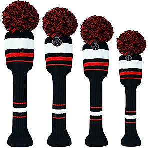 Golf Club Head Covers for Woods and Driver Fairway Hybrids Knit Set of 3 or 4 with Number Tag Pom Pom Clubs Headcovers for Men Women (4 Pack-Black&Red&White Stripes)