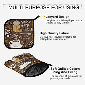 Tea Coffee Theme Pattern Oven Mitts and Pot Holders Sets Retro Style Hot Pads Heat Resistant Cooking Gloves Handling Kitchen Cookware Bakeware BBQ