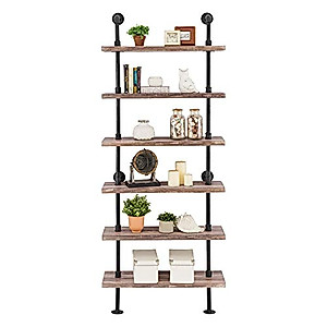 Danya B GH086 Industrial Decor - Modern Rustic 6-Tier Iron Pipe Wall Mount Ladder Shelving Unit in Distressed Wood Finish – Rustic Wood Bookshelf