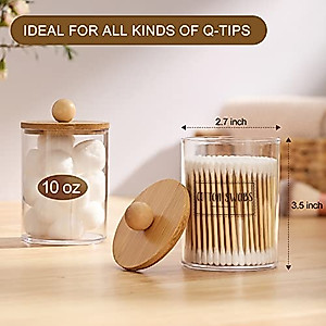 6 Pack Qtip Holder Dispenser Set with Bamboo Lids, Bathroom Canister Accessories, Storage Organizer, Clear Plastic Apothecary Jar for Cotton Ball, Swab, Pads, Floss, Vanity Makeup Organiztion - 10oz