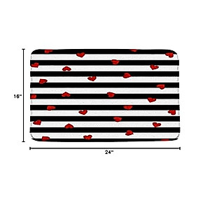 GCTNBJL Valentine's Day Bath Mat Red Heart Black White Geometric Stripe Heart Sweet Love Romantic for Girl Woman Bathroom Kitchen Memory Foam Rug,16x24 Inch