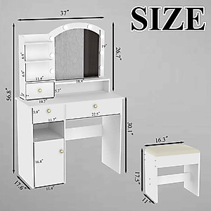 MISHAO Vanity Desk Set w/Mirror & Lights, 37" Makeup Vanity Table w/Chair & Power Outlet, Storage Drawers & Open Shelves, 3 Color Modes & Adjustable Brightness Dressing Table for Bedroom, White